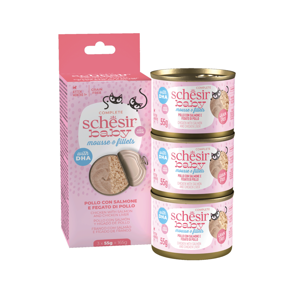 Schesir Baby Mousse & Fillets For Baby Cats Above 1+ Month, 3 Cans - Smart Pet Kuwait